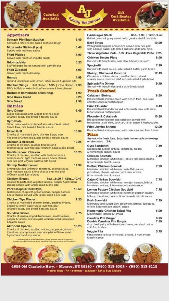 Menu at AJ Family Restaurant, Monroe