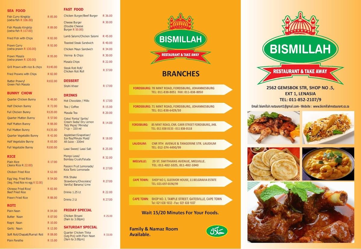 Menu at Bismillah Restaurant-Ormonde, Johannesburg