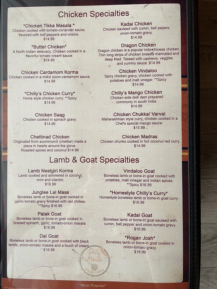 Menu at Chilly Masala Indian Cuisine restaurant, Winter Haven