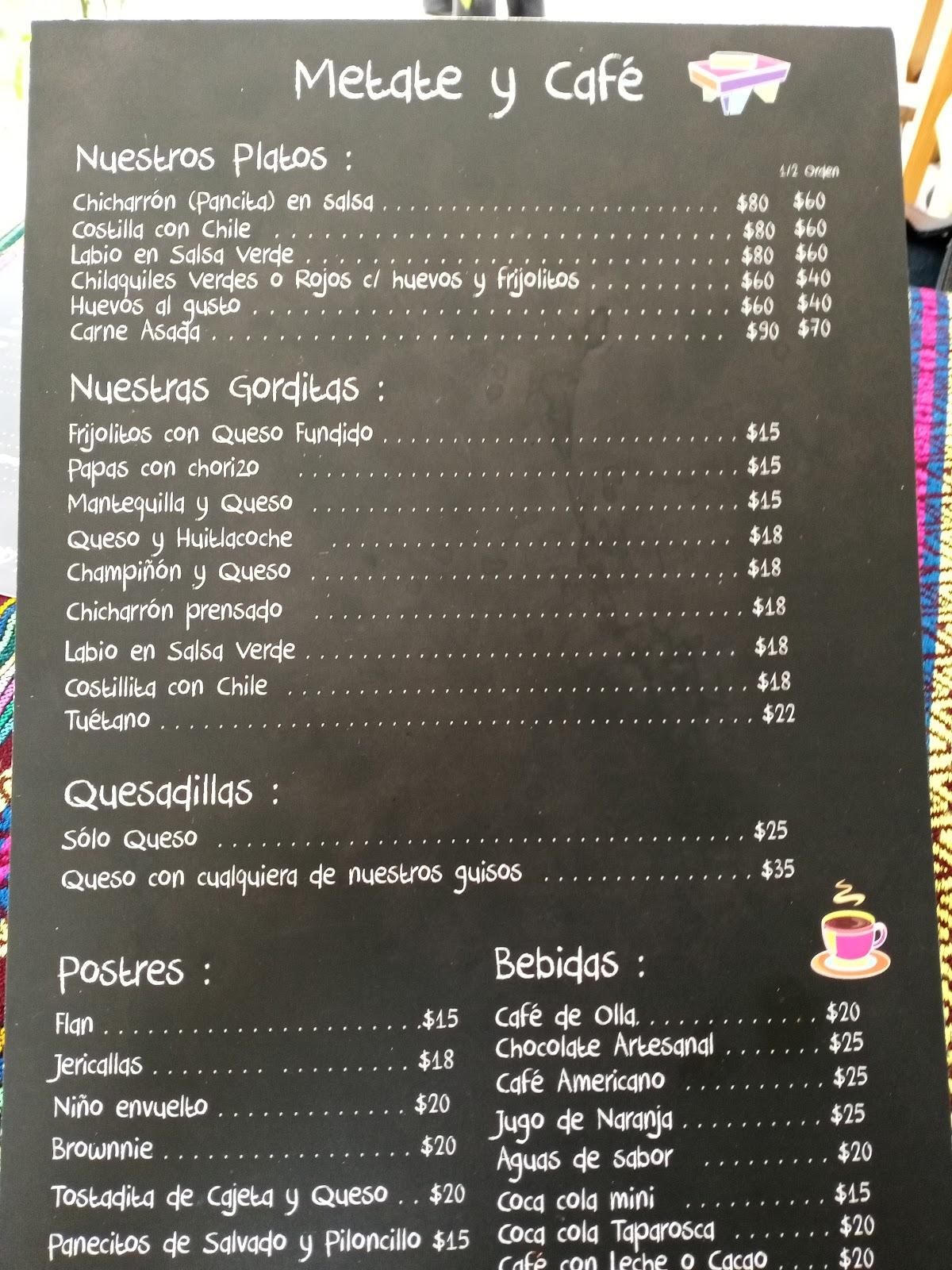 Menu at Metate y Café, Zapopan