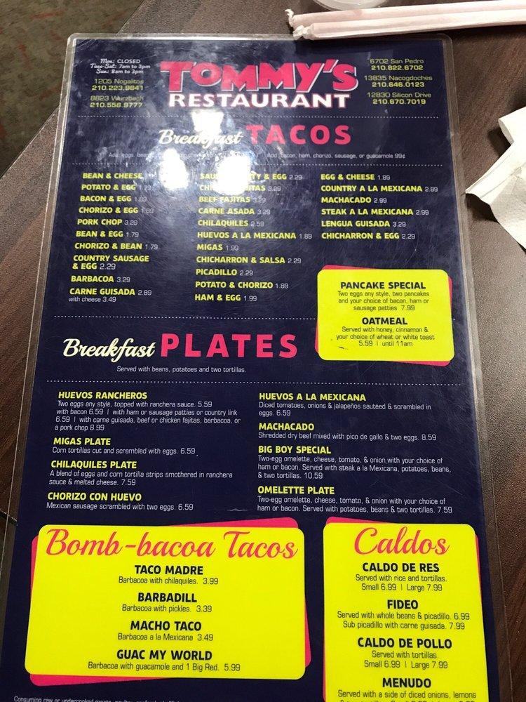 Menu at Tommy's Restaurant, San Antonio, Nogalitos St