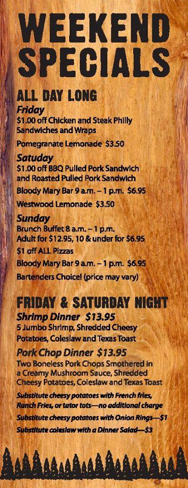 Menu at Westwood Marina pub & bar, Mankato, Lake Washington Access Rd