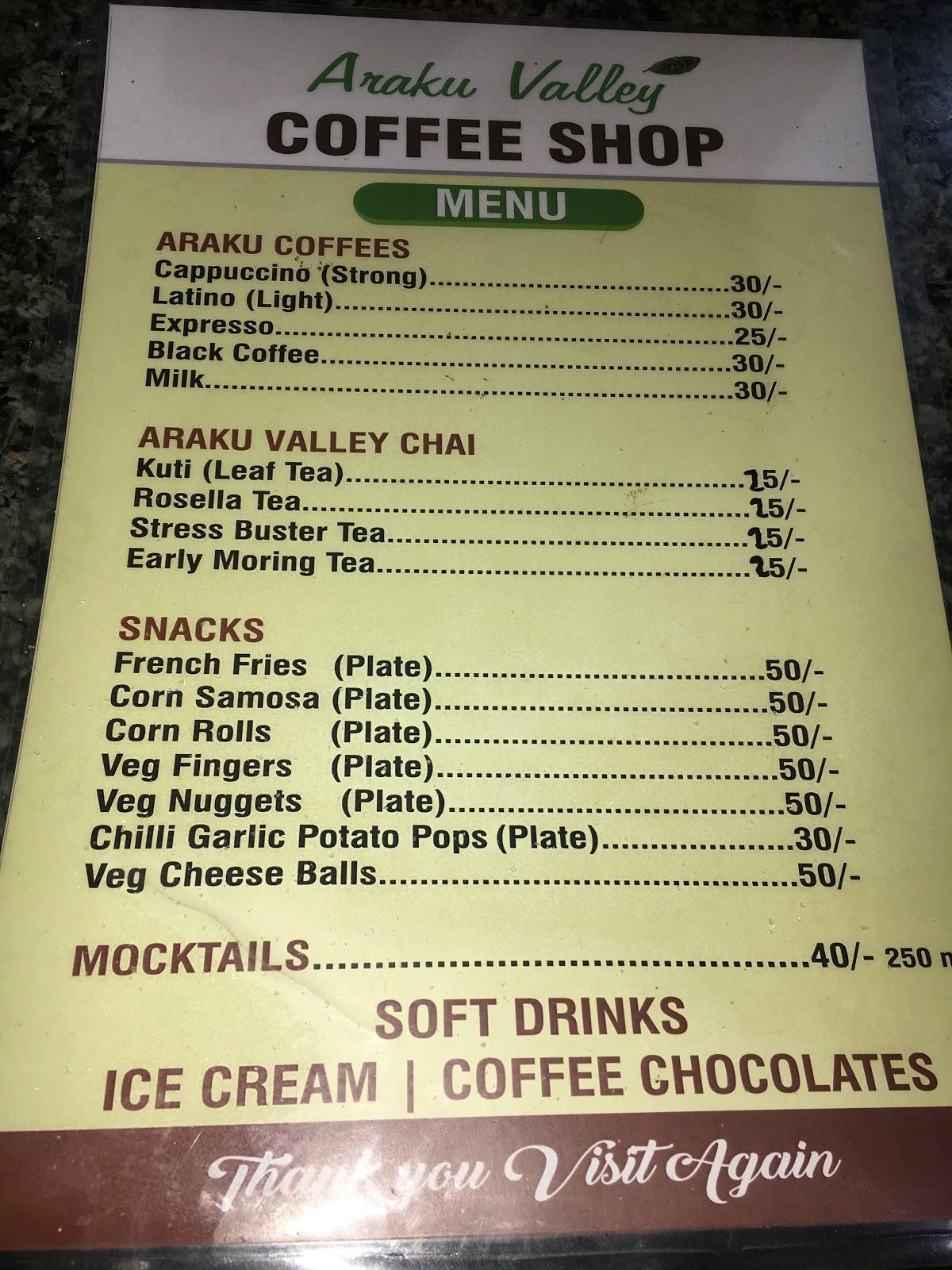 Menu at Araku valley Coffee shop GCC products available, Visakhapatnam