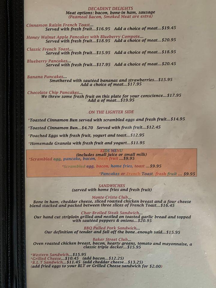 Menu at Baker Street Cafe, Ottawa