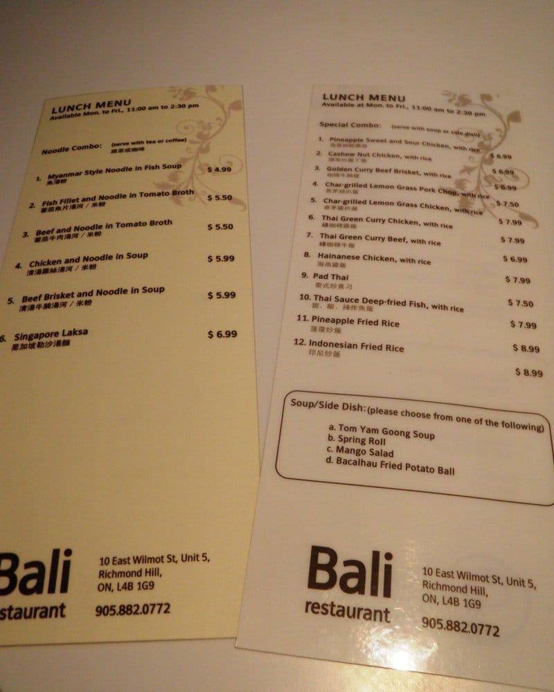 Menu at Bali Restaurant, Richmond Hill