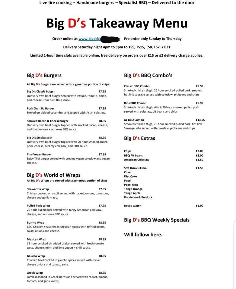 Menu at Big D's BBQ Stokesley, Stokesley, unit 28 Terry dickens ...