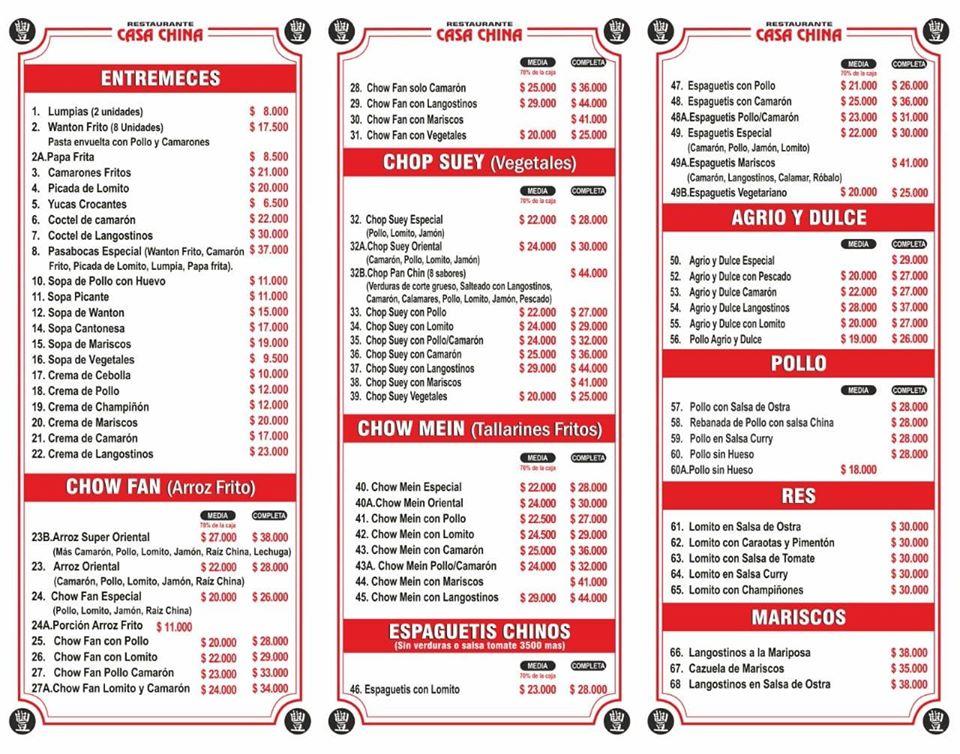 Carta del restaurante Casa China, Bucaramanga