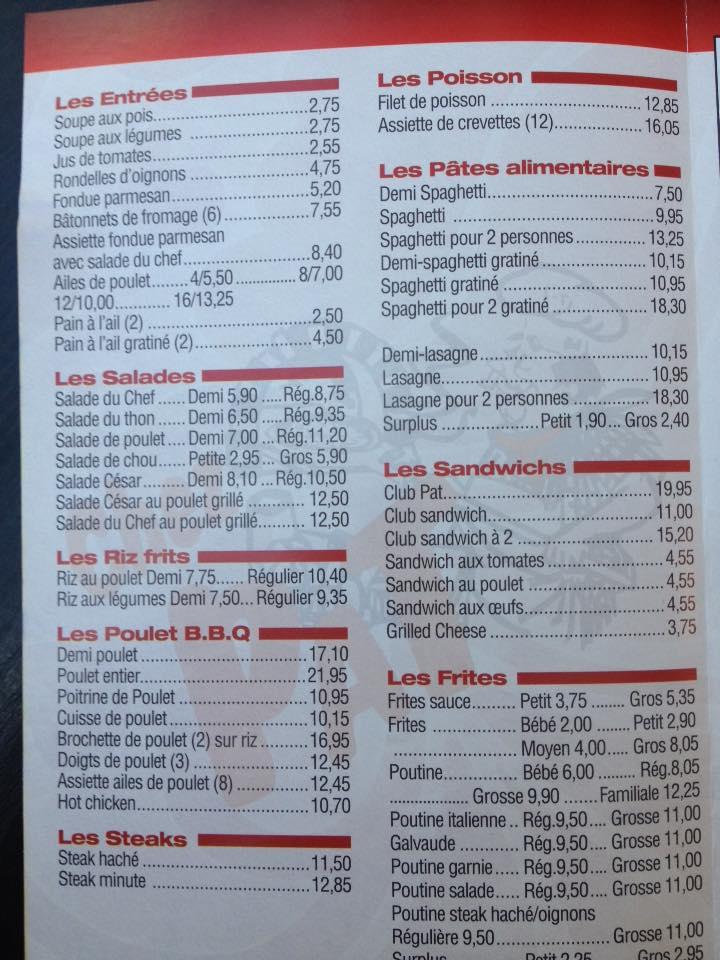 Menu au Restaurant Chez Pat Disraeli, Disraeli