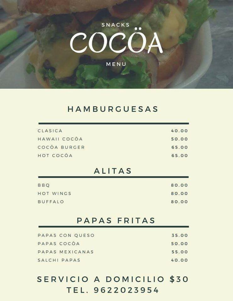 Menu at Cocoa snacks restaurant, Tapachula