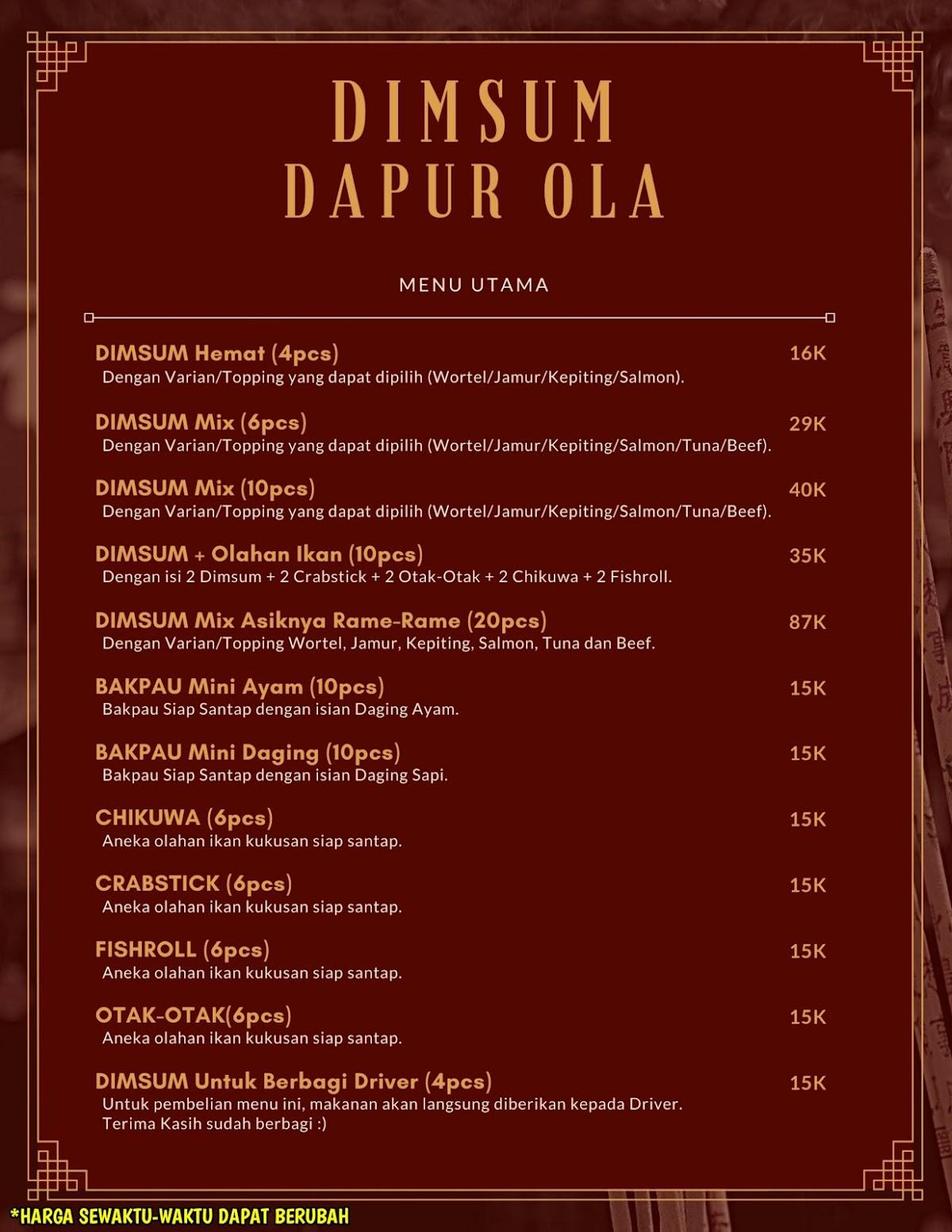Menu at DIMSUM Dapur Ola restaurant, East Jakarta