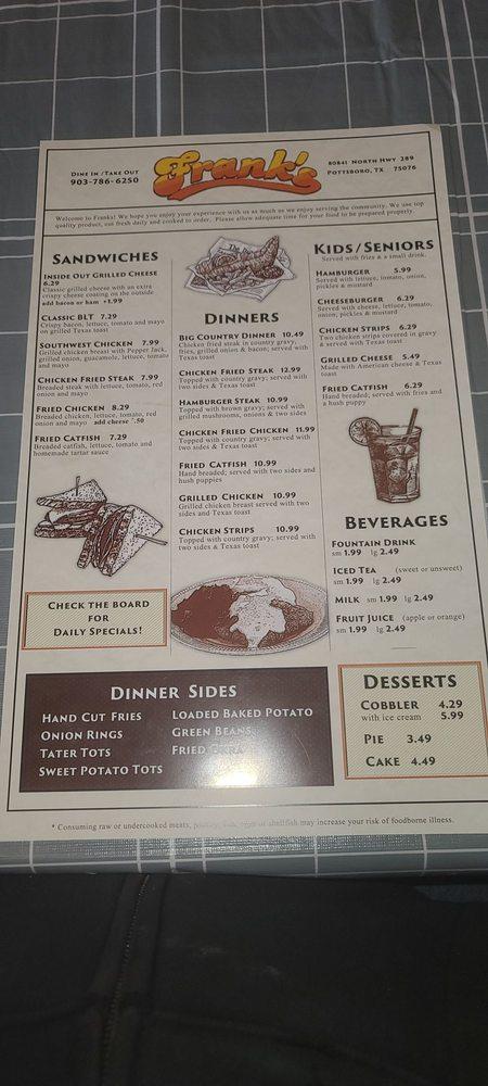 Menu at Frank's restaurant, Pottsboro