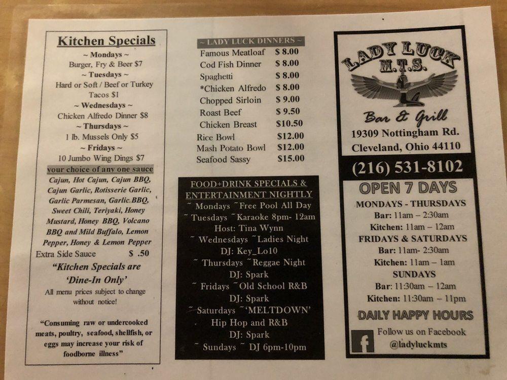 Menu at Lady Luck MTS Bar & Grill, Cleveland