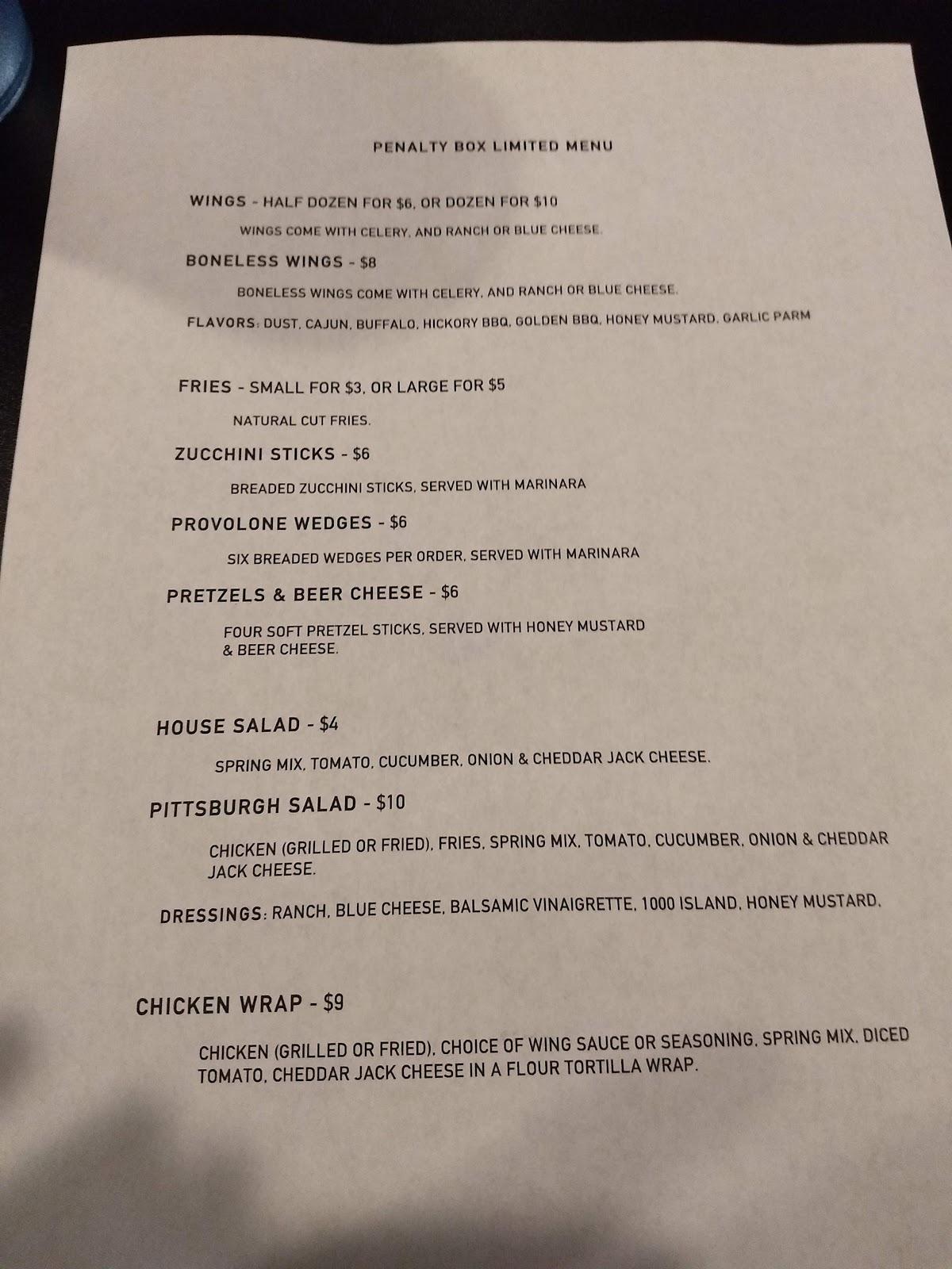 Menu at Penalty Box pub & bar, Economy