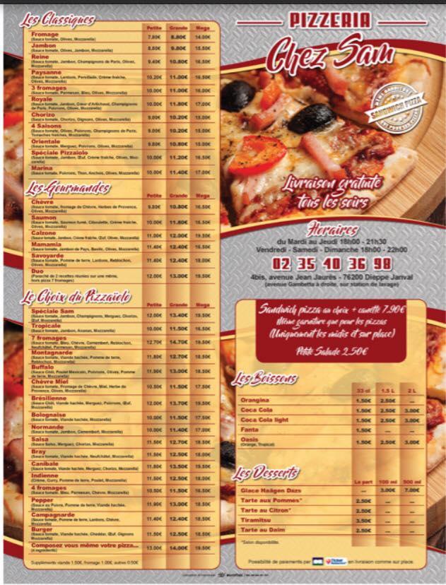 Menu at Pizzeria Chez Sam, Dieppe, 4 B avenue Jean Jaures