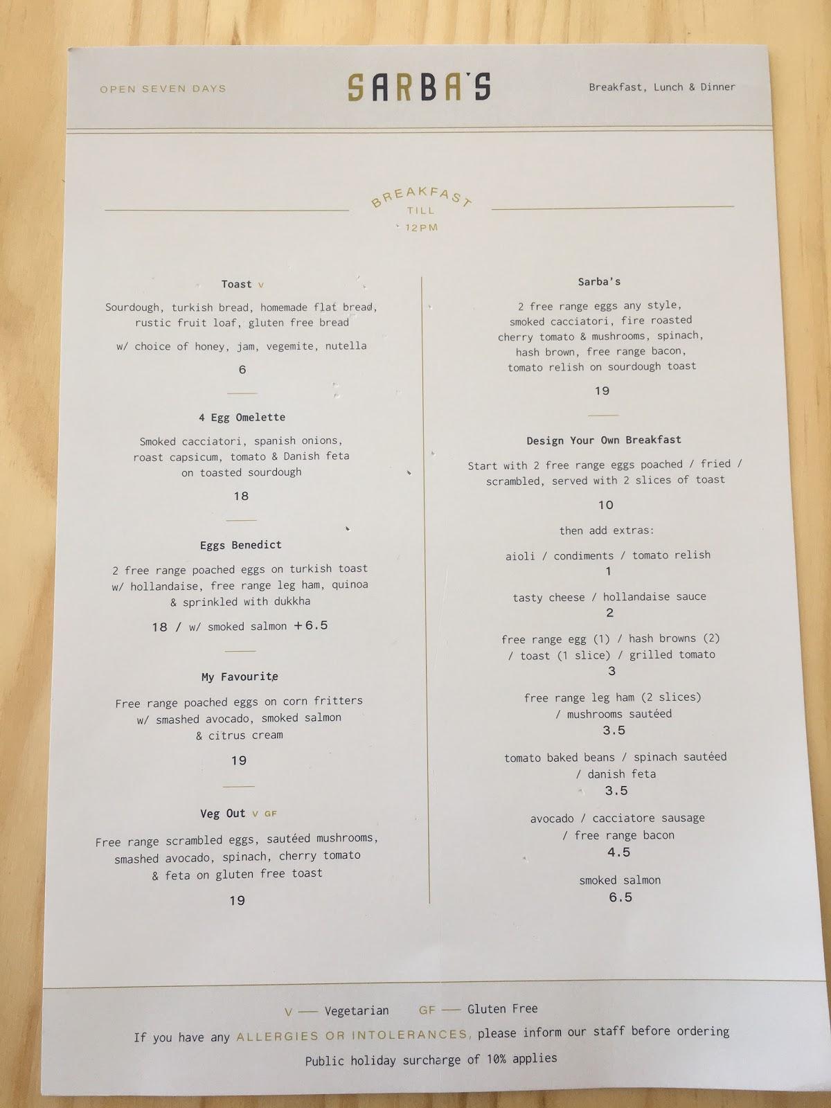 Menu at Sarba's restaurant, Lakelands