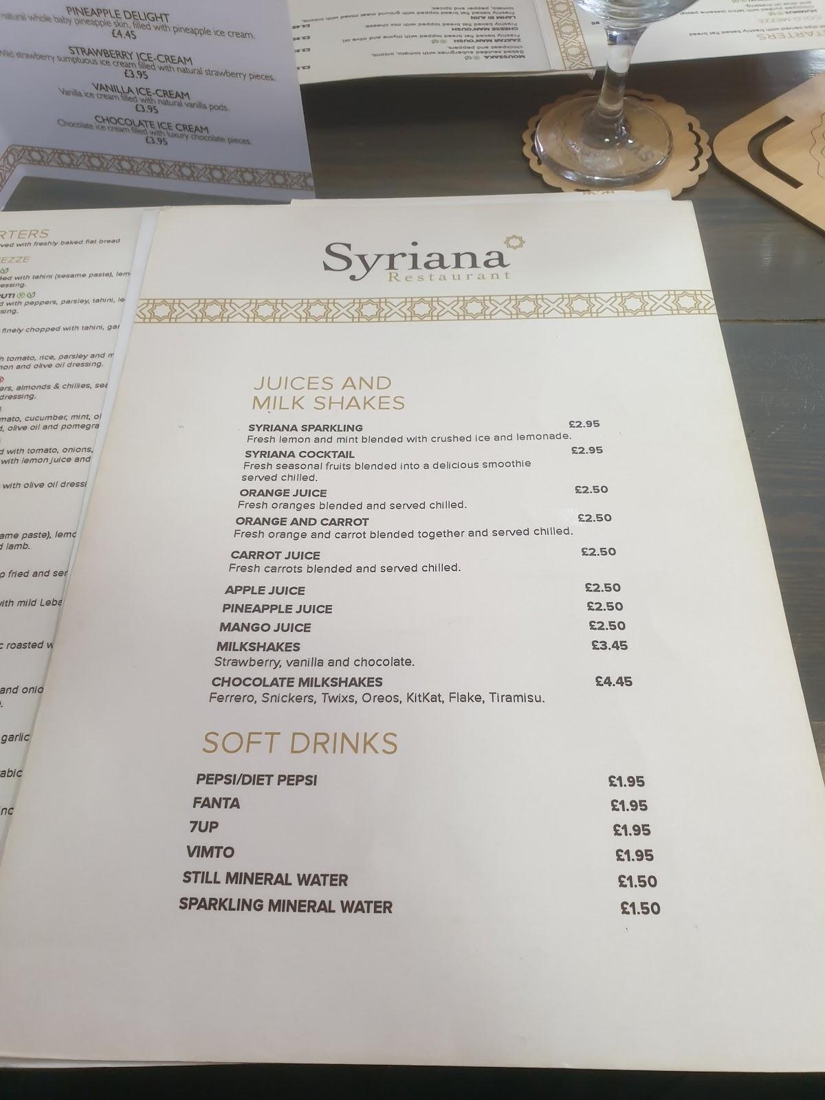 Menu at Syriana Restaurant, Birmingham