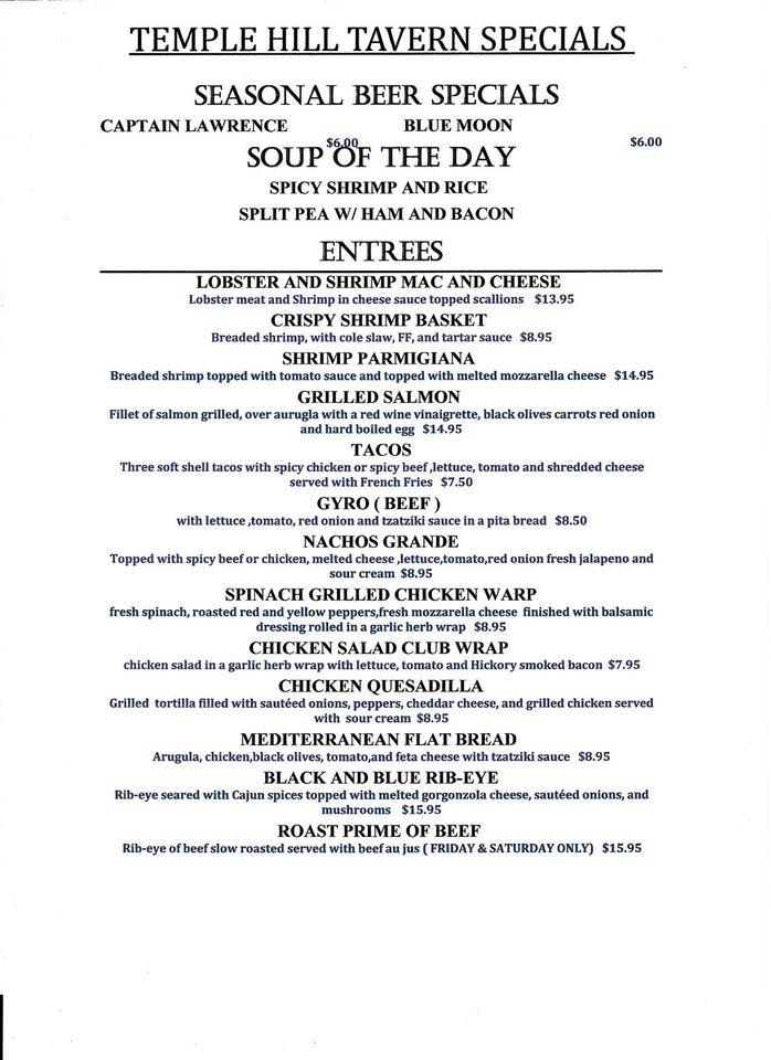 Menu at Temple Hill Tavern pub & bar, New Windsor