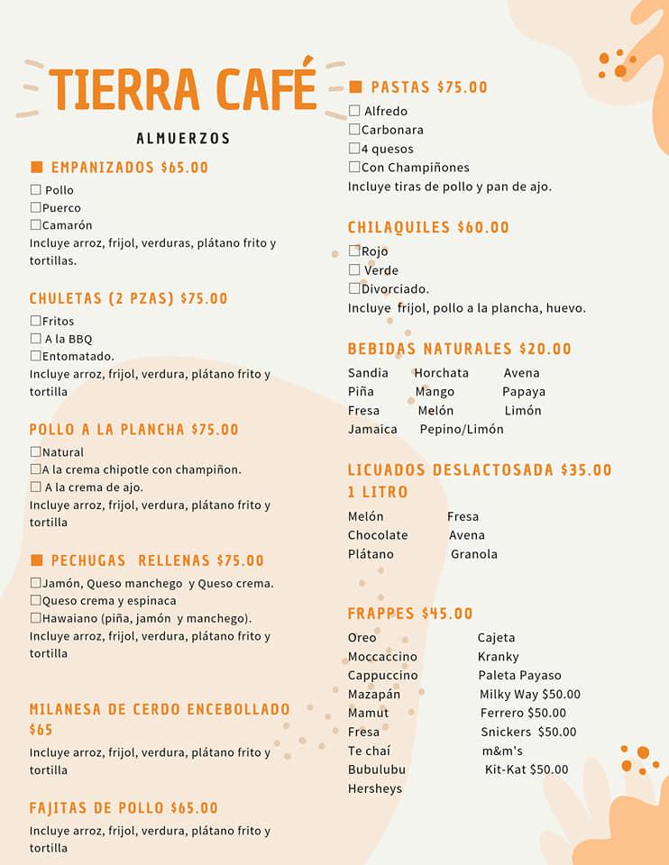 Menu at Tierra Café, Felipe Carrillo Puerto