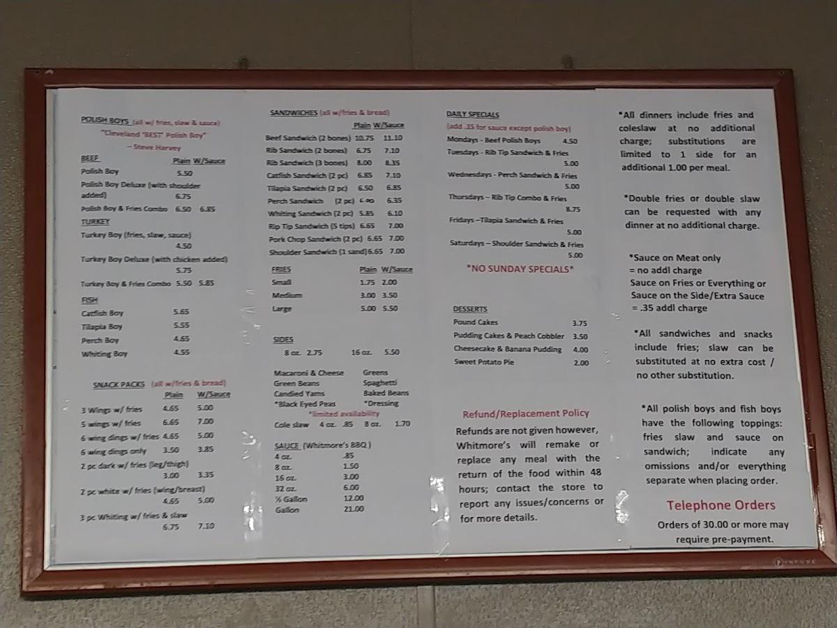 Menu at Whitmore's Bar-B-Q, Warrensville Heights, Harvard Ave