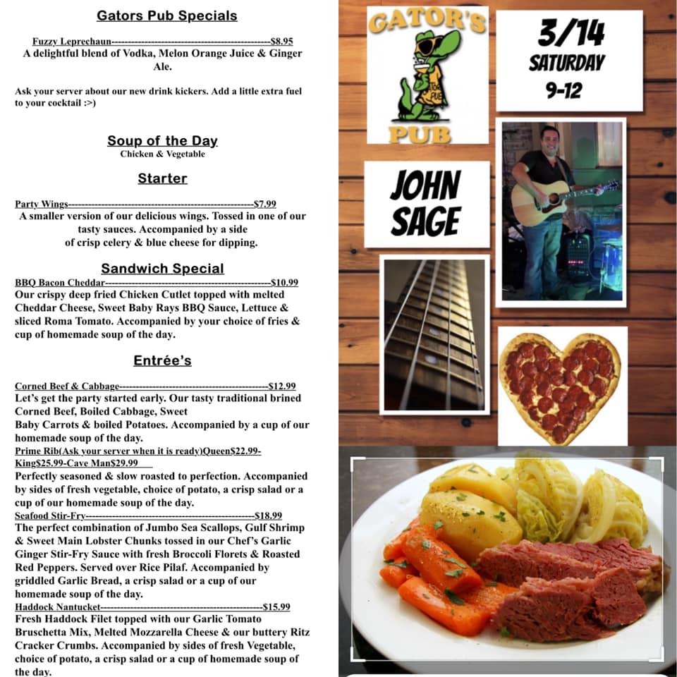 Menu at Gator's Pub, North Smithfield, Victory Hwy