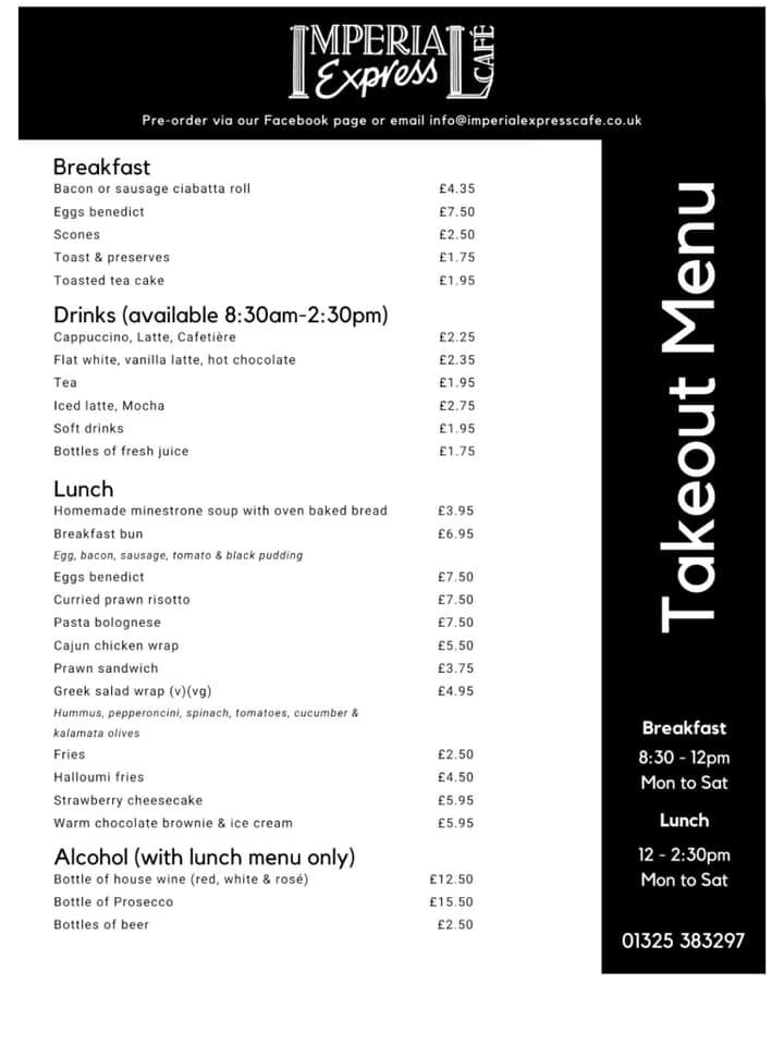 Menu at Imperial Express cafe, Darlington