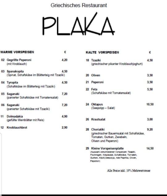 Speisekarte von Restaurant Plaka, Mainz