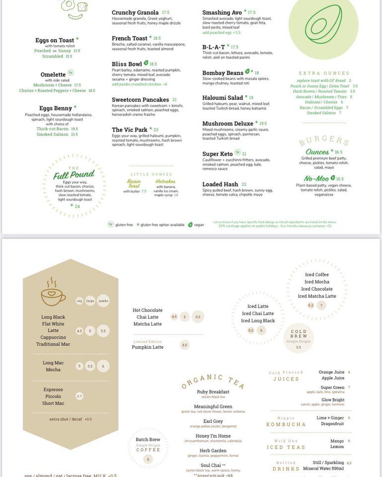 Menu at Sixteen Ounces cafe, Victoria Park