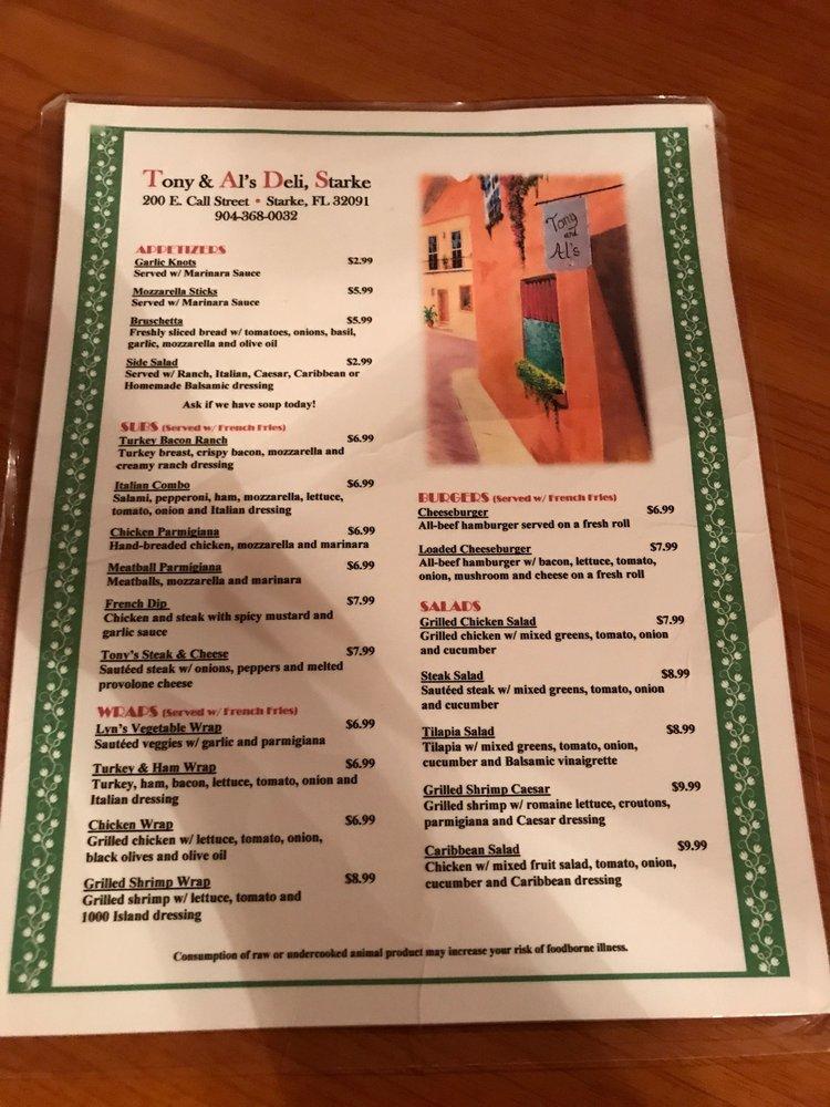 Menu at Tony and Al's Deli pizzeria, Starke