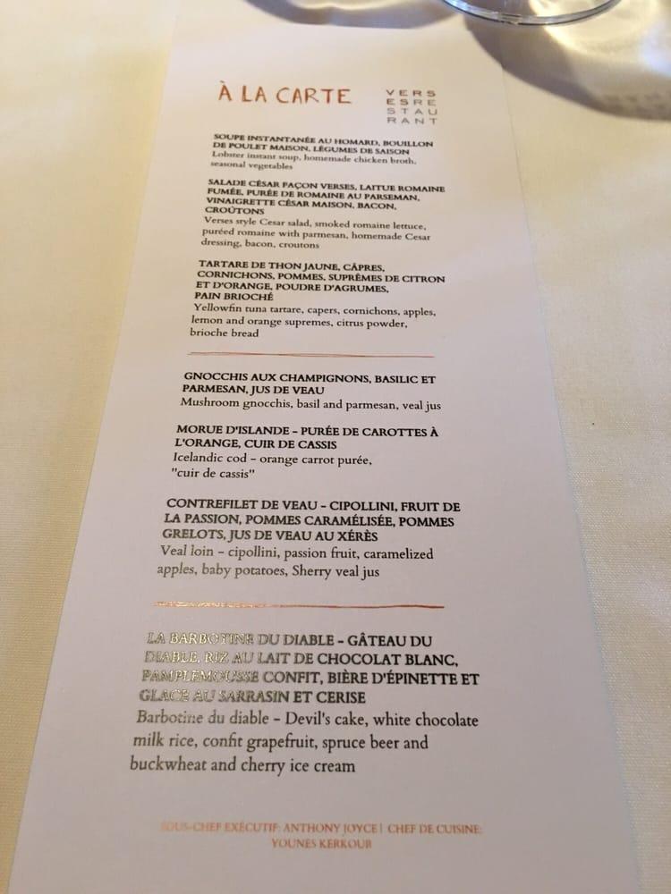 Menu at Verses Bistro restaurant, Montréal