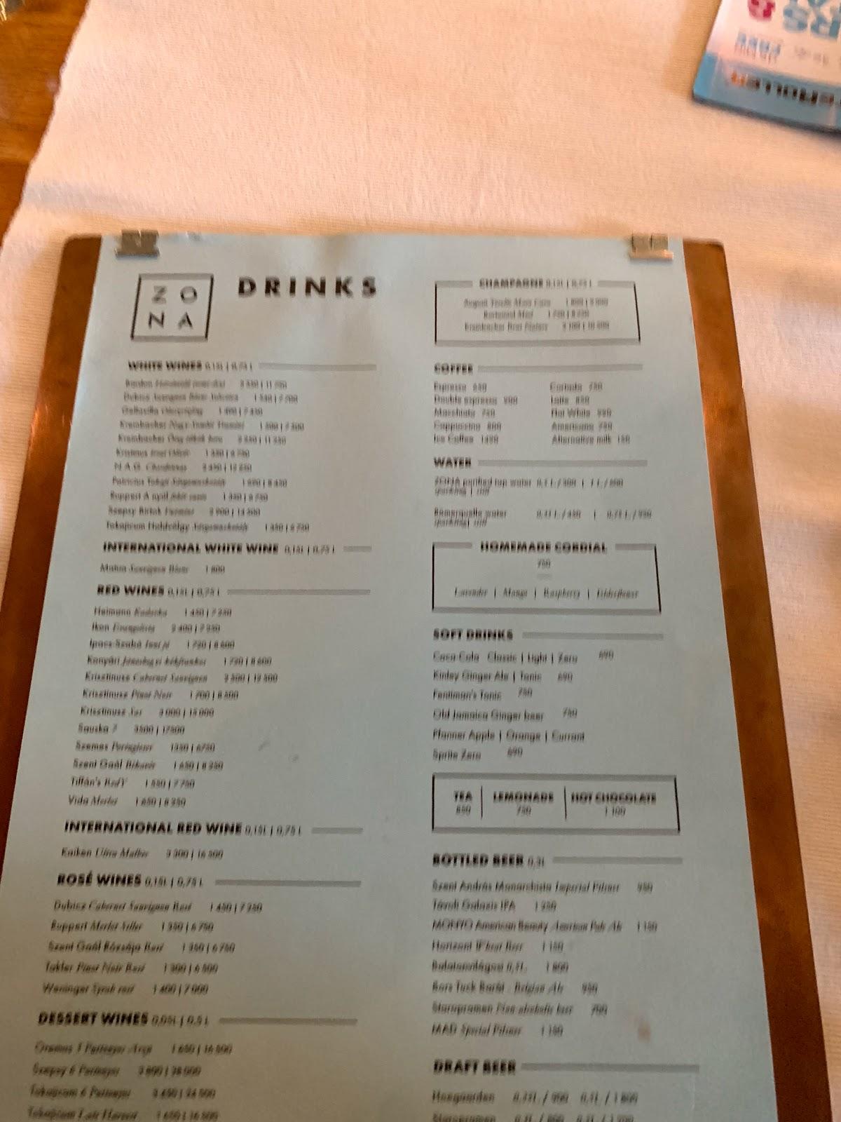 Menu at ZONA restaurant, Budapest
