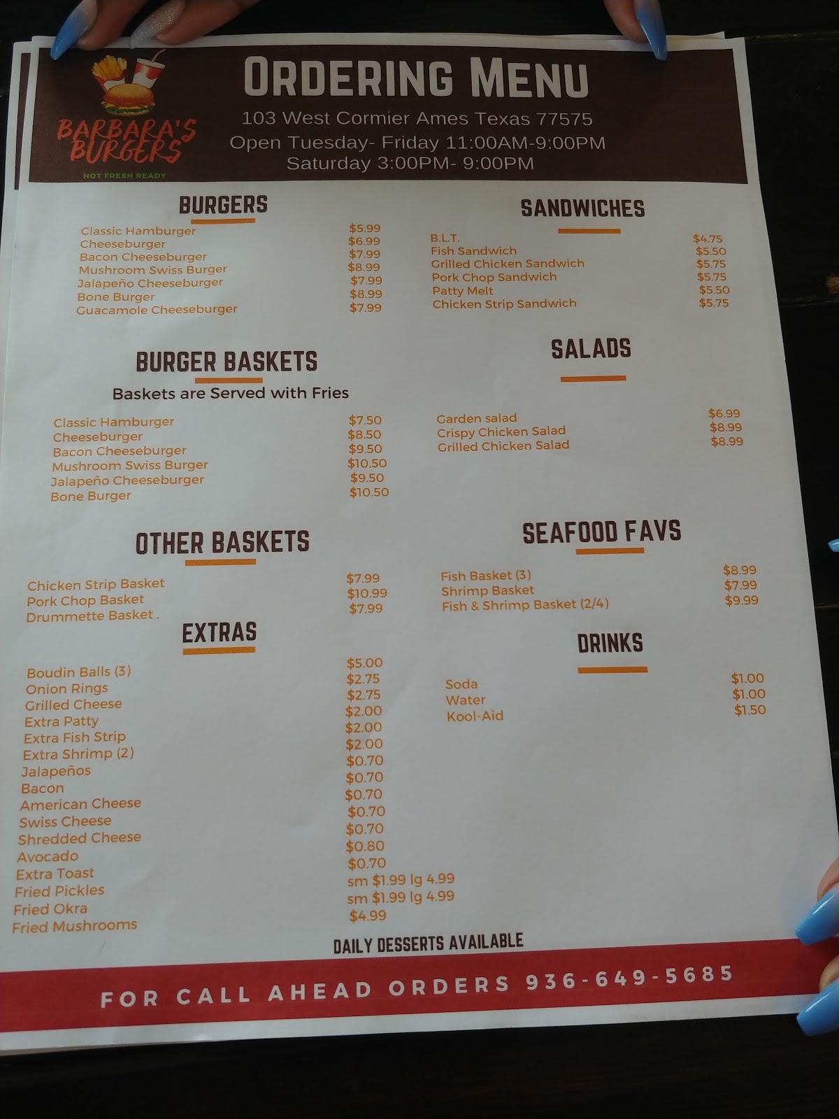 Menu at Barbara's Burgers, Ames