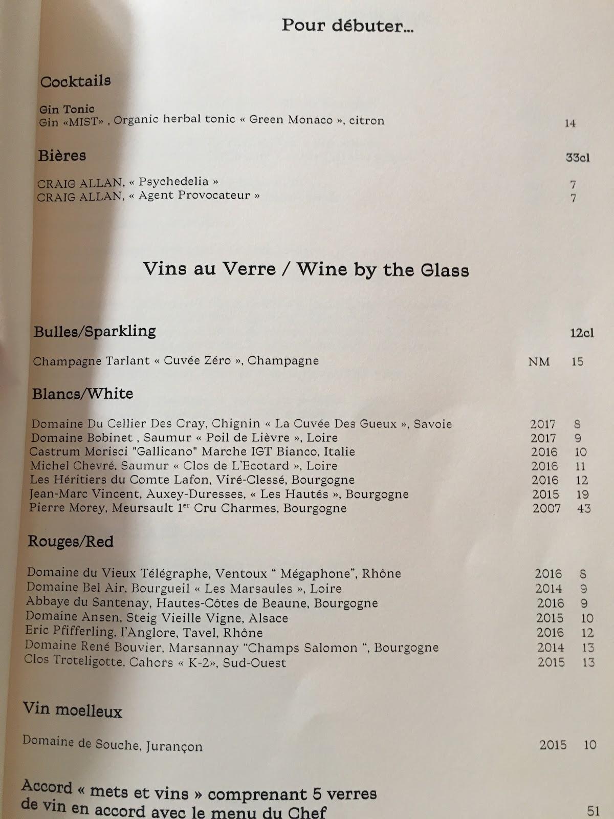Menu at Frenchie restaurant, Paris, 5 Rue du Nil