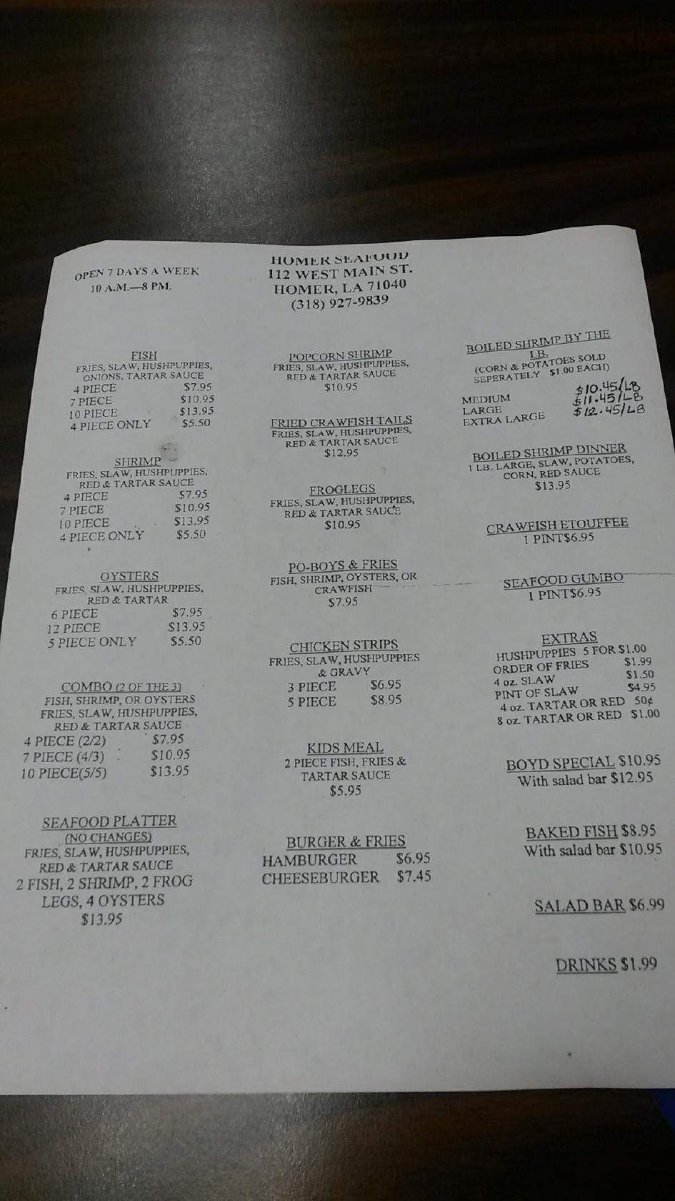 Menu at Homer Seafood restaurant, Homer
