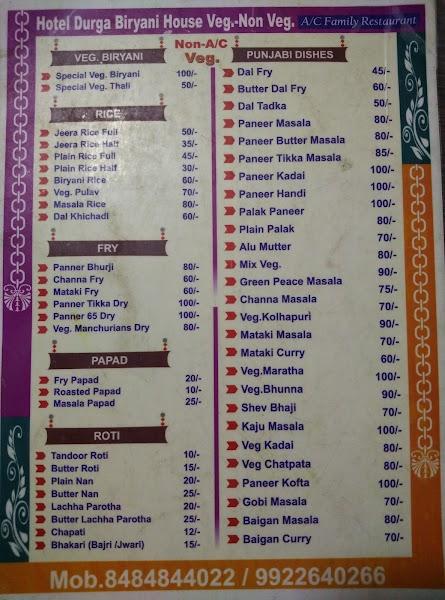 Menu at Hotel Durga Biryani House, Pune, Indraprstha Society