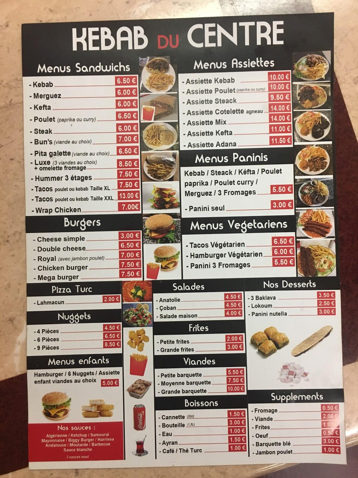 Menu au Kebab du centre Châteaudun, Châteaudun