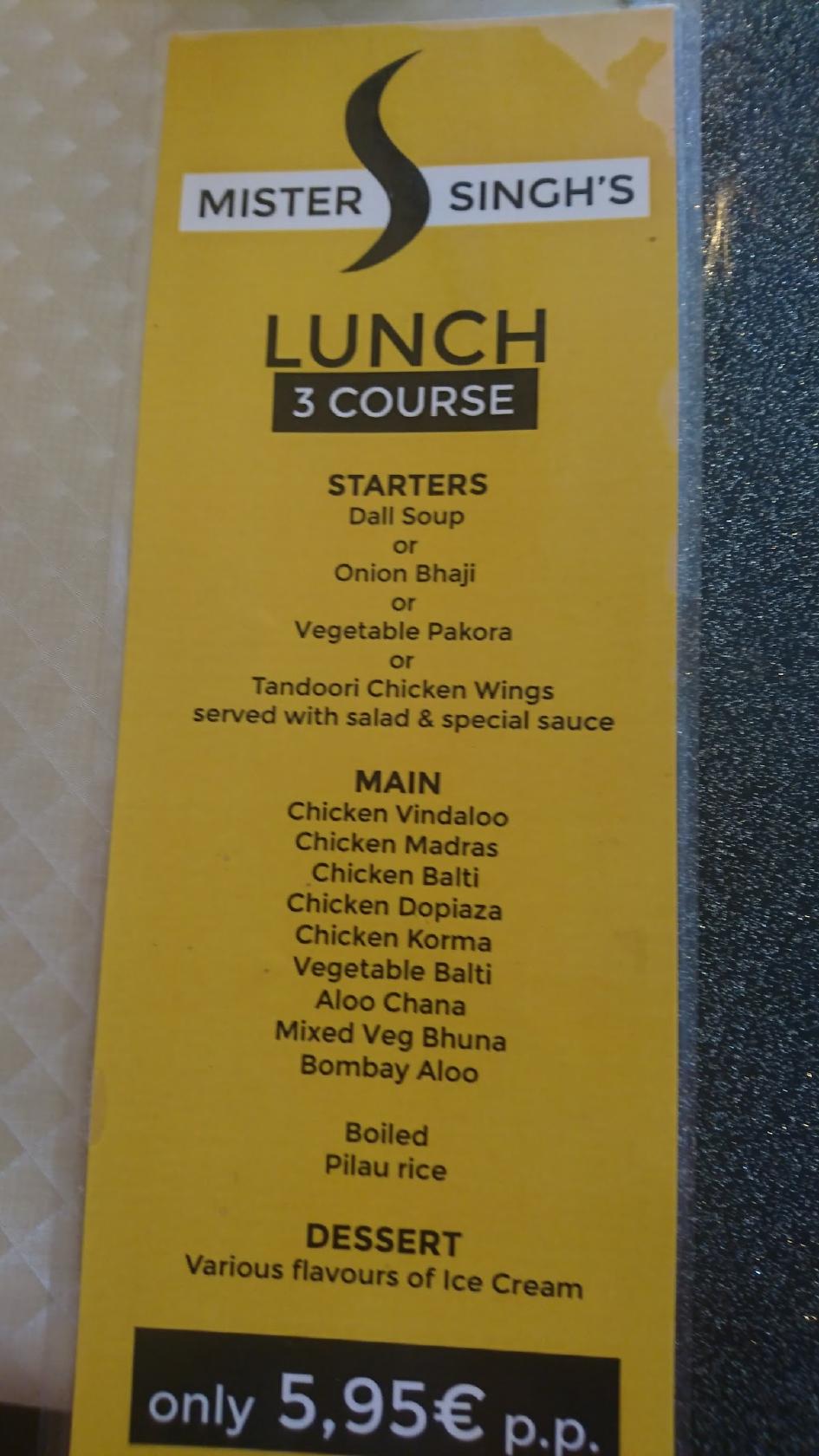 Menu at Mister Singh's restaurant, Quesada