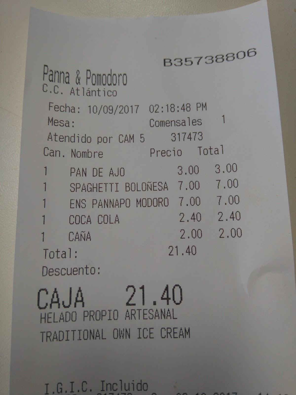 Menu at Panna & Pomodoro restaurant, Castillo Caleta de Fuste