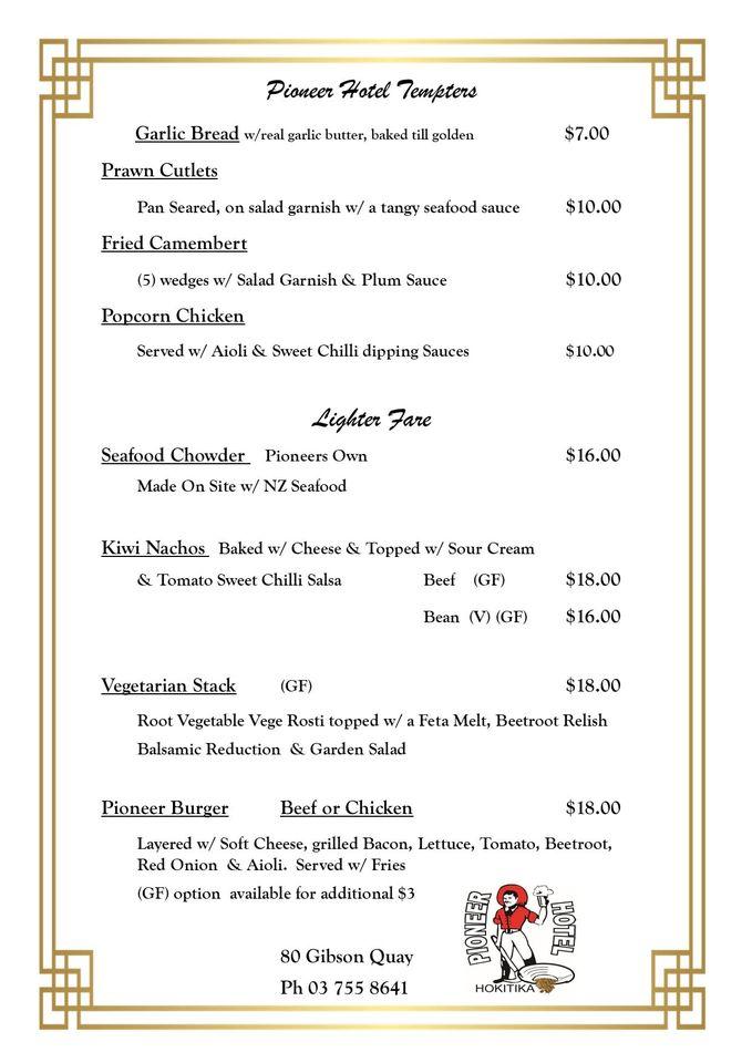 Menu at Pioneer Hotel Hokitika Hokitika pub & bar, Hokitika