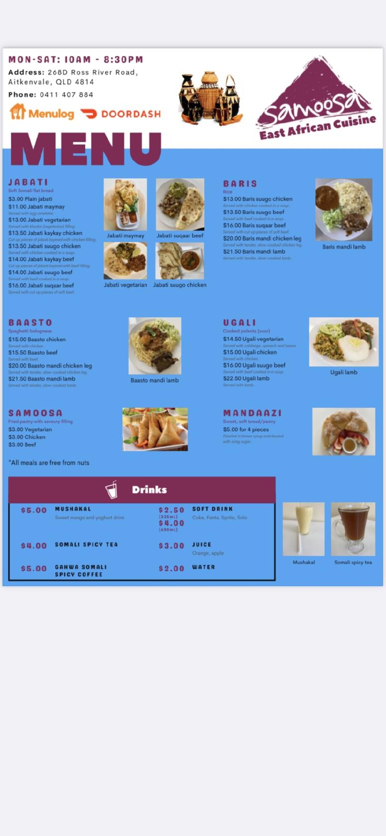 Menu at Samoosa East Africa cuisine restaurant, Aitkenvale