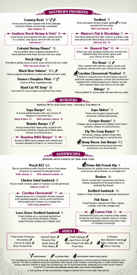 Menu at Southern Porch pub & bar, Canton