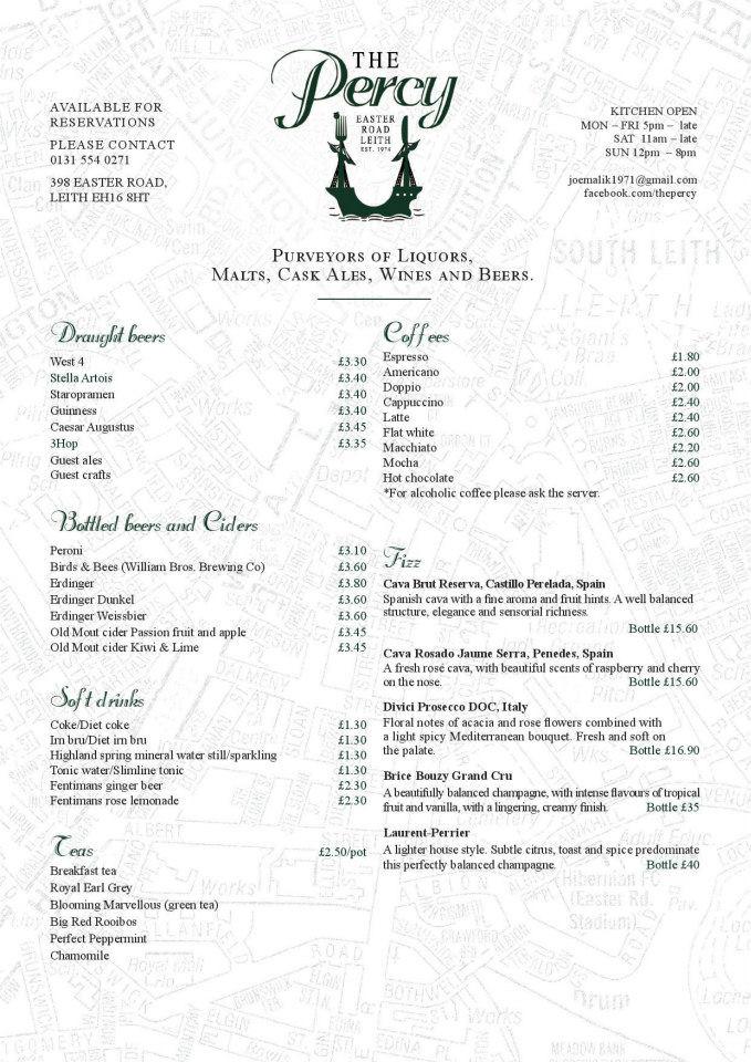 Menu at The Percy restaurant, Edinburgh