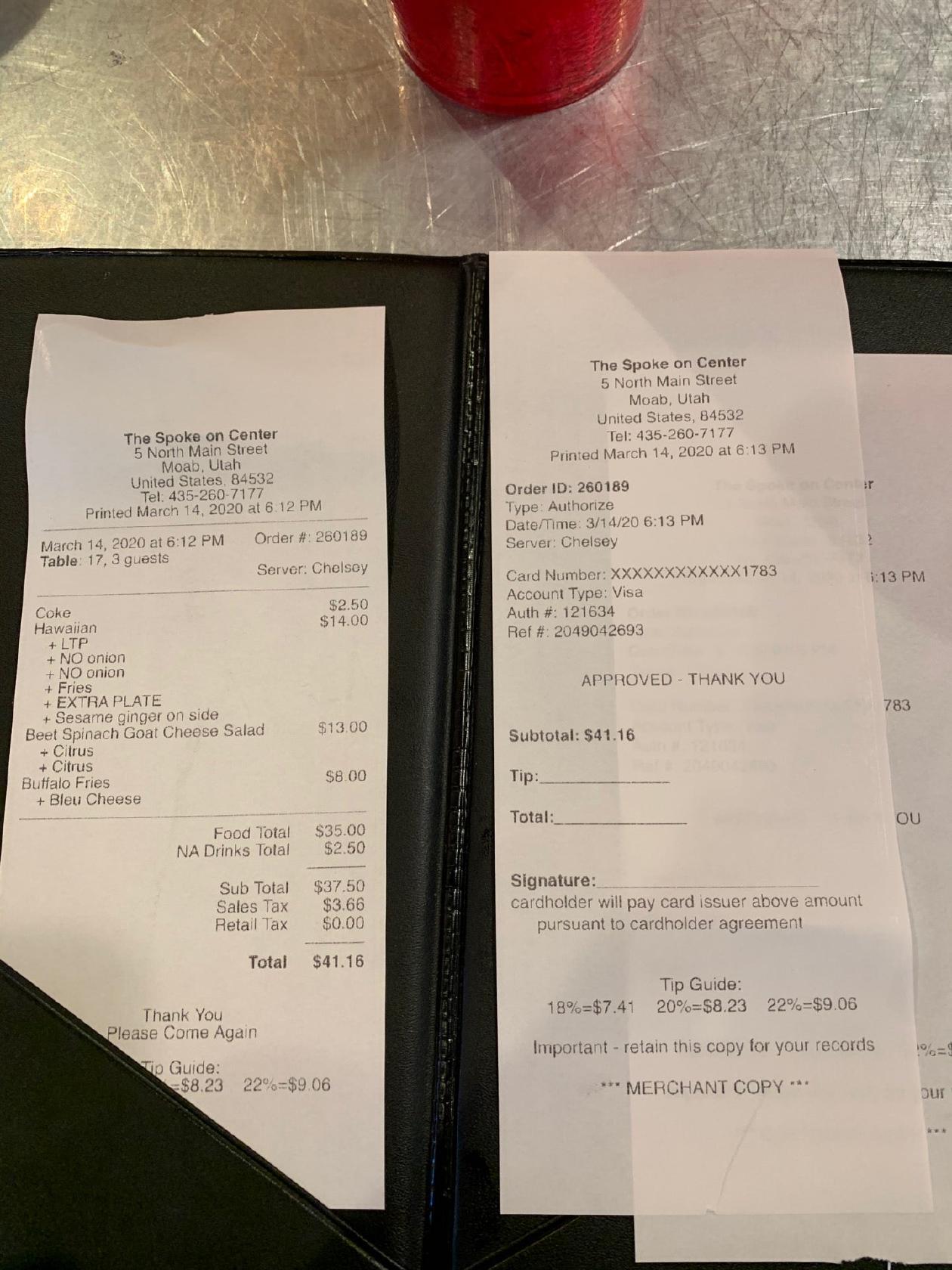Menu at The Spoke on Center restaurant, Moab