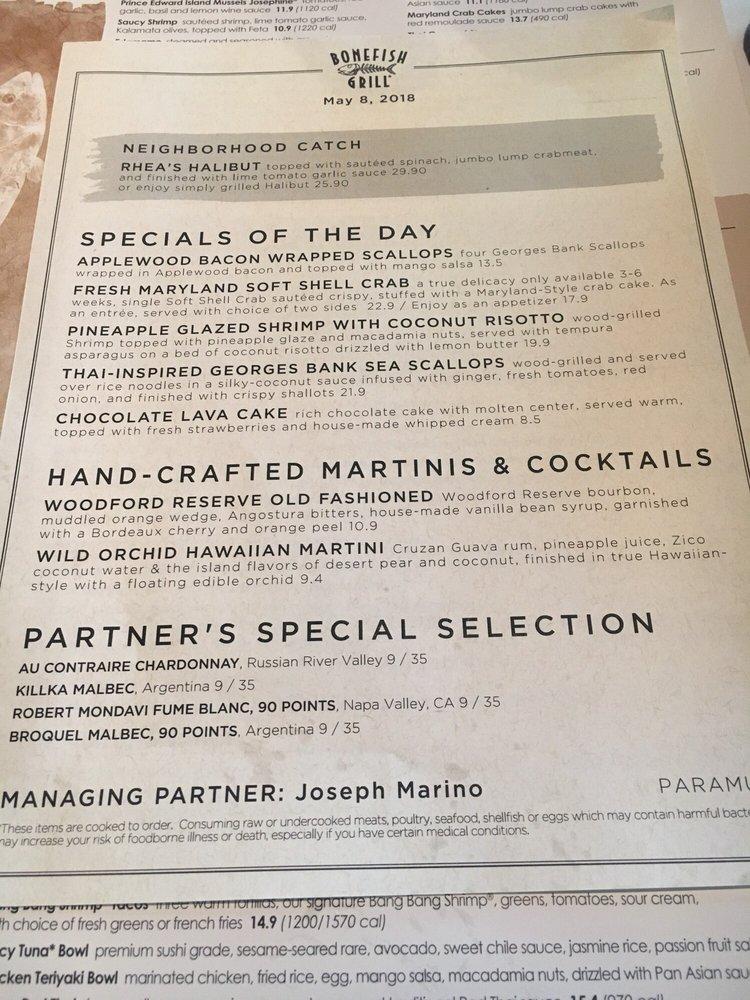 Menu at Bonefish Grill restaurant, Paramus