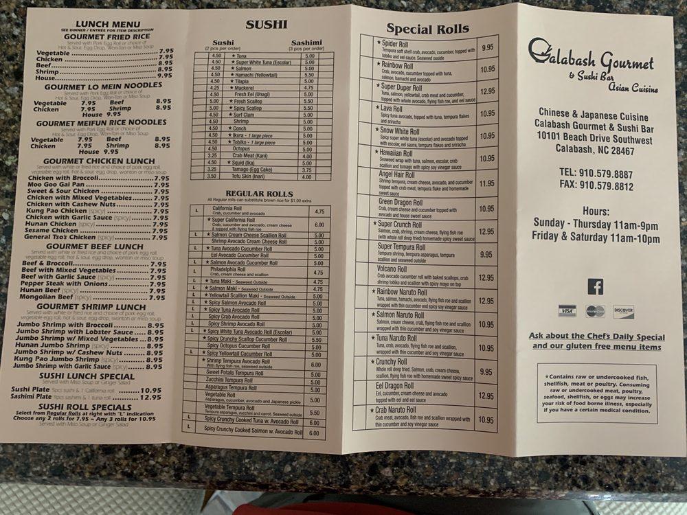 Menu at Calabash Gourmet And Sushi Bar, Calabash, Beach Dr SW