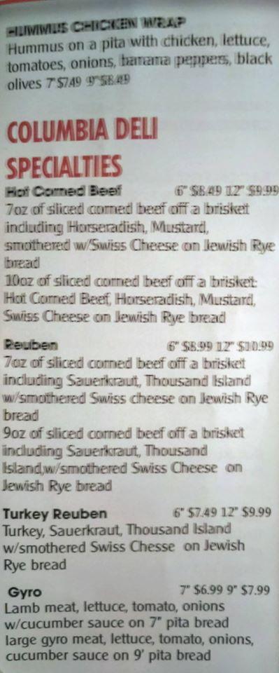 Menu at Columbia Beverage & Deli restaurant, Columbia Station