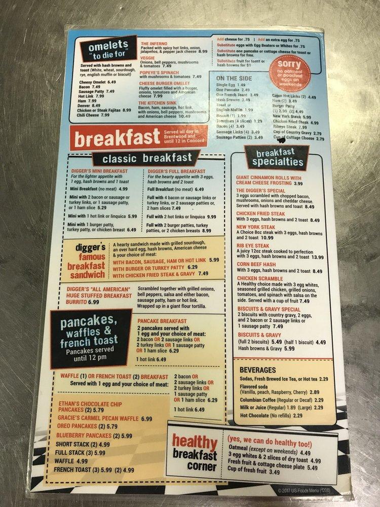 Menu at Digger's Diner Concord restaurant, Concord