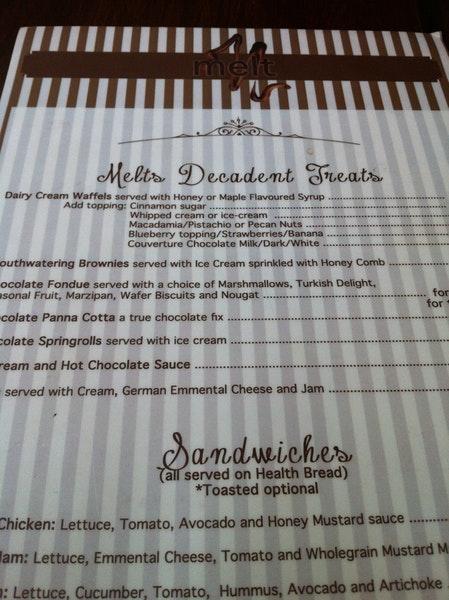 Menu at Melt restaurant, Sandton