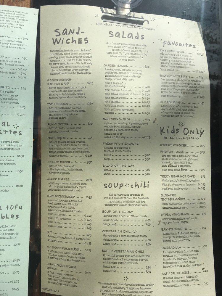 Menu at Old Town Cafe, Bellingham