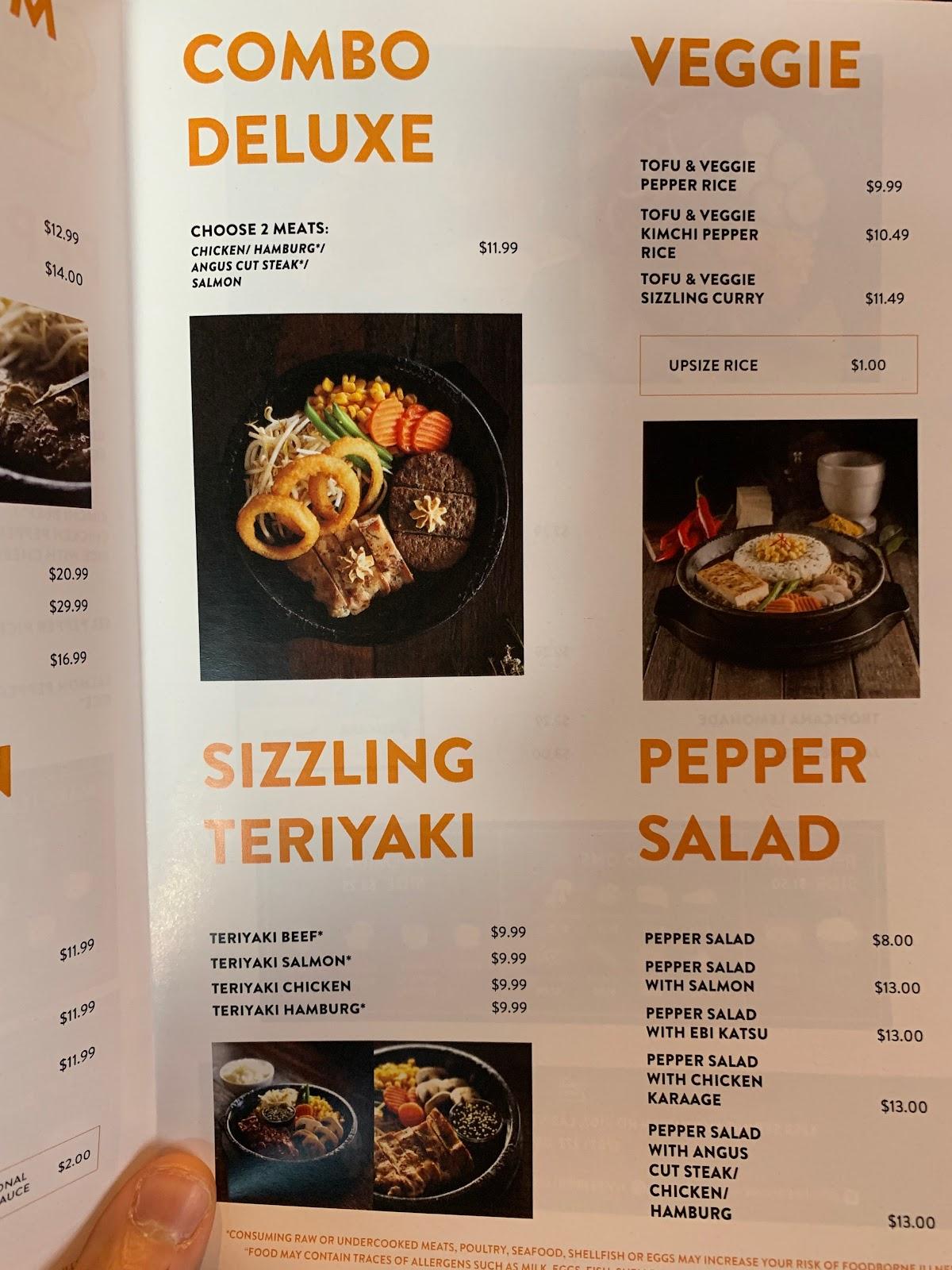 Menu at Pepper Lunch steakhouse, Las Vegas