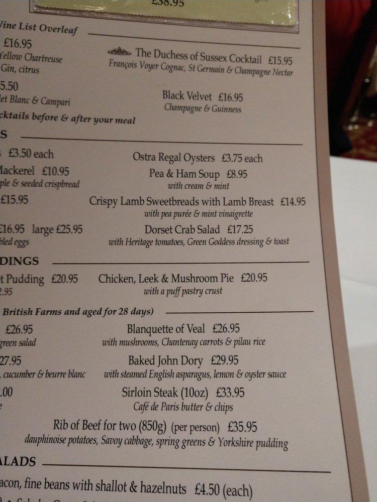 Menu at Rules pub & bar, London